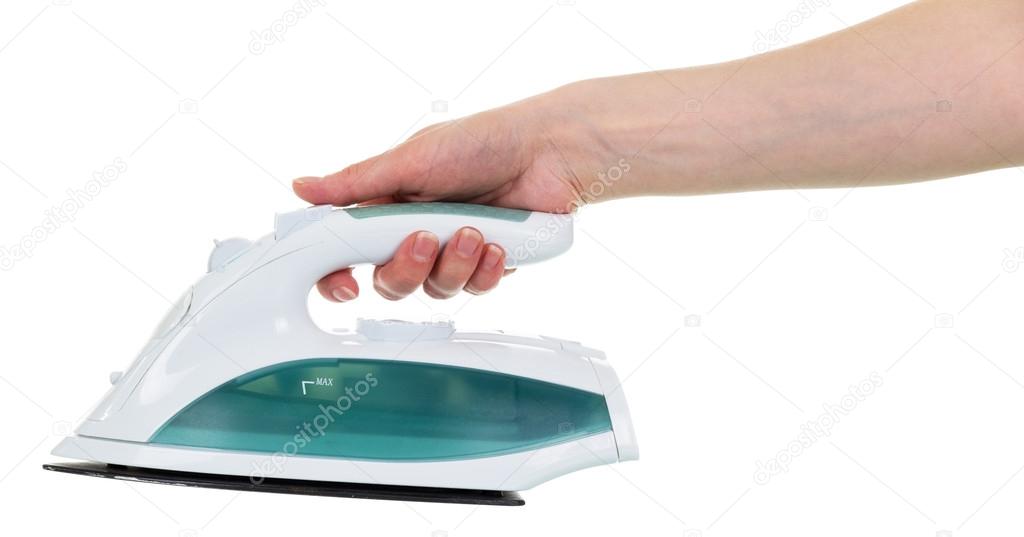 Steam iron in hand isolated on white. — Stock Photo © Laboko #110973146