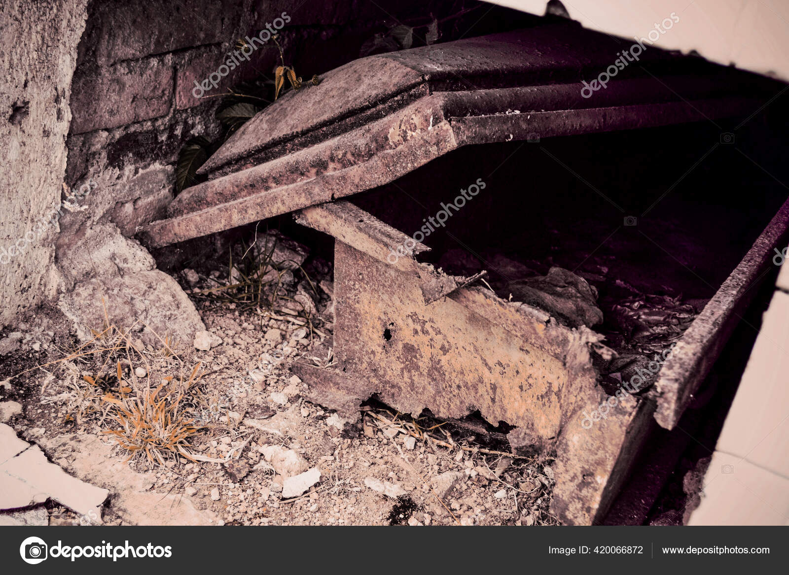 Old Half Opened Rusty Chest Wall Built Out Bricks Stock Photo by ...