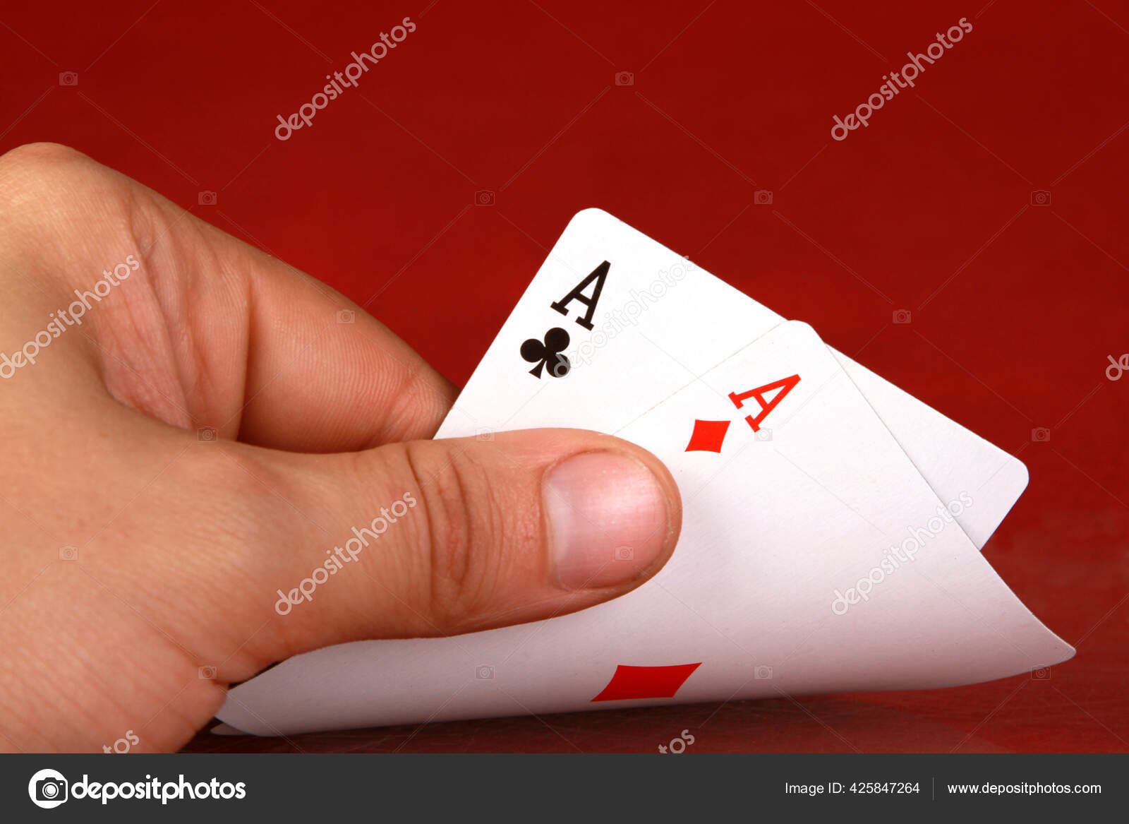 Card Player's Hand Showing Pair Aces Red Background — Stock Photo ...