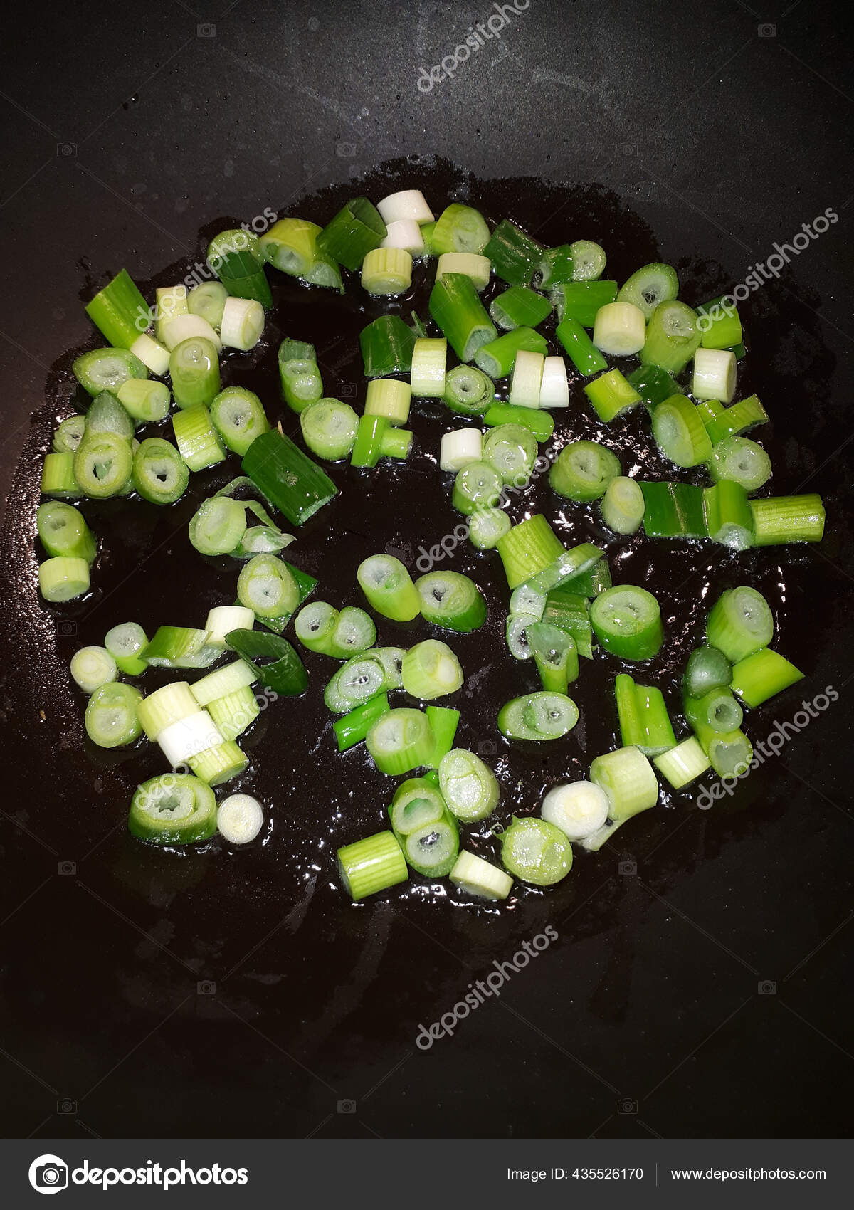 Top View Freshly Sliced Green Onions Being Cooked Wok Filled — Stock ...