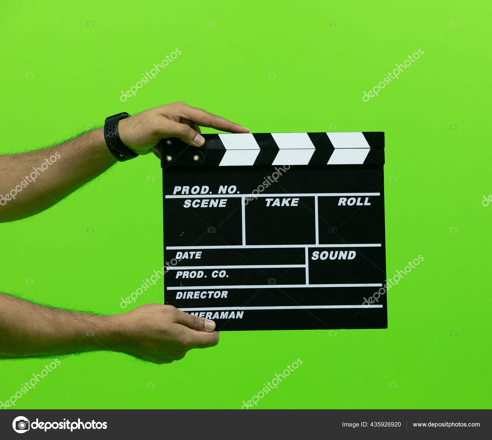 Men's Hand Holding Camera Slate Filming Isolated Green Background ...