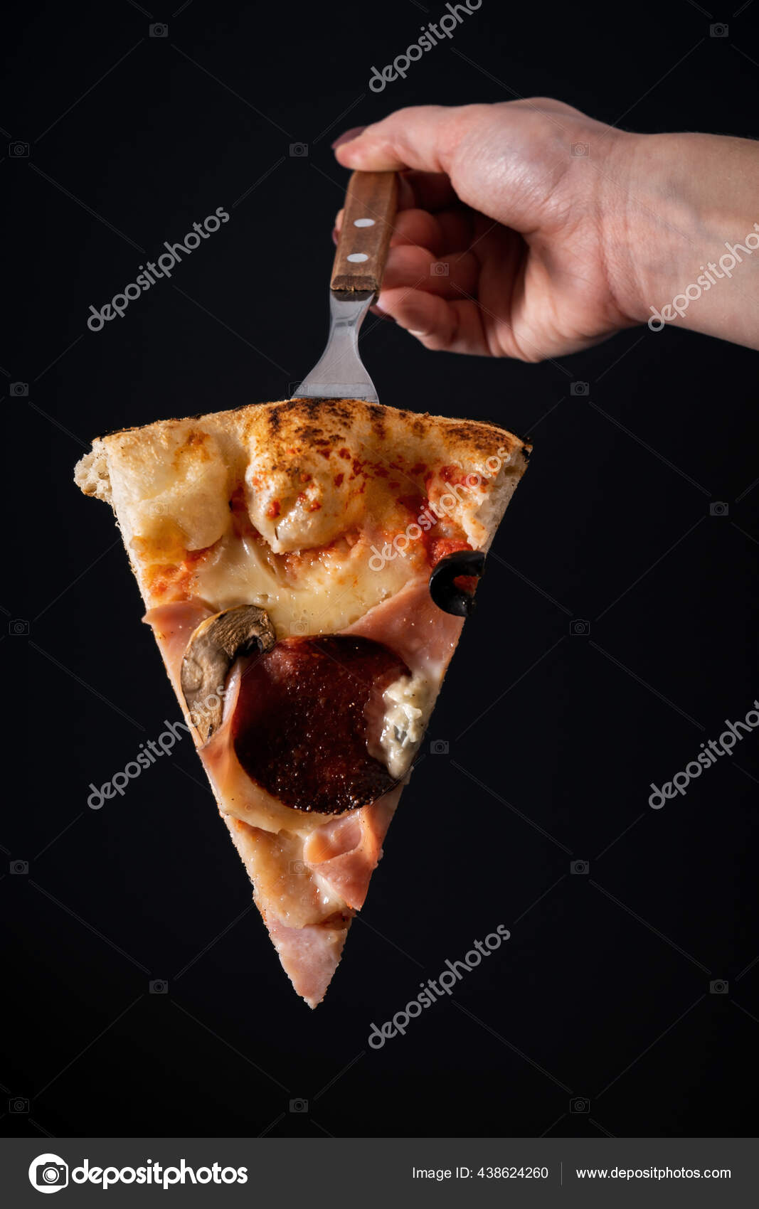 Vertical Shot Piece Pizza Fork Black Background — Stock Photo ...