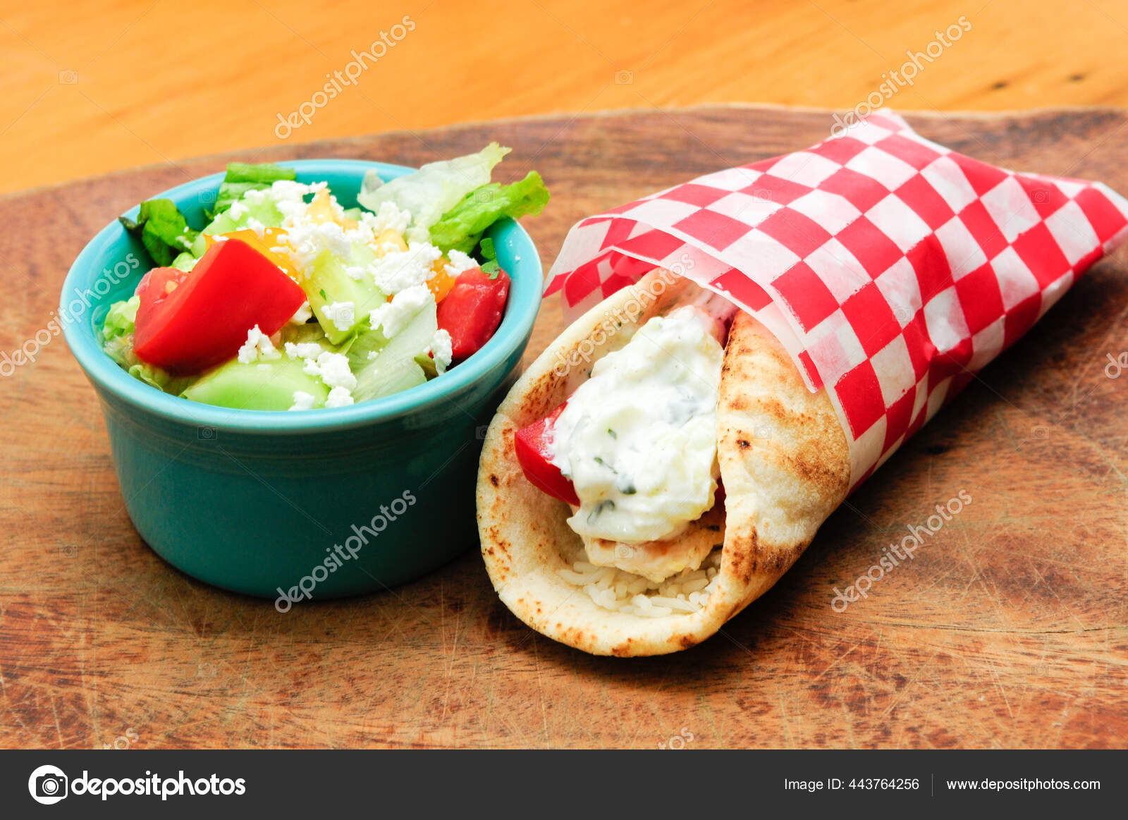 Chicken Pita Wrap Tomato Rice Tzatziki Side Greek Salad — Stock Photo ...