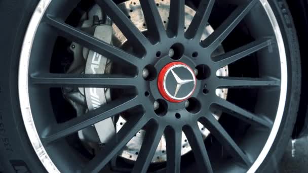 Closeup Mercedes Benz Amg Car Tire Road Sports Car Standing — Stock ...