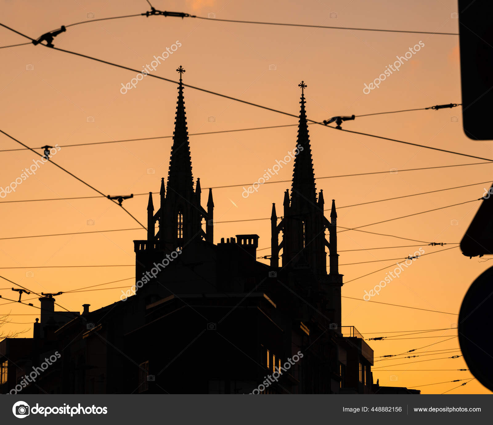 Silhouettes Church Gothic Architecture Electrical Cables Sunset Stock ...