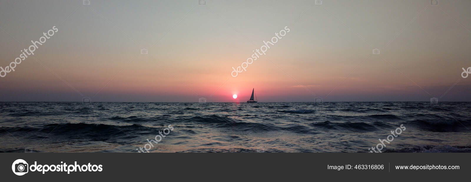 Panoramic Format Image Sun Setting Sea Sailing Boat Seen Distance ...