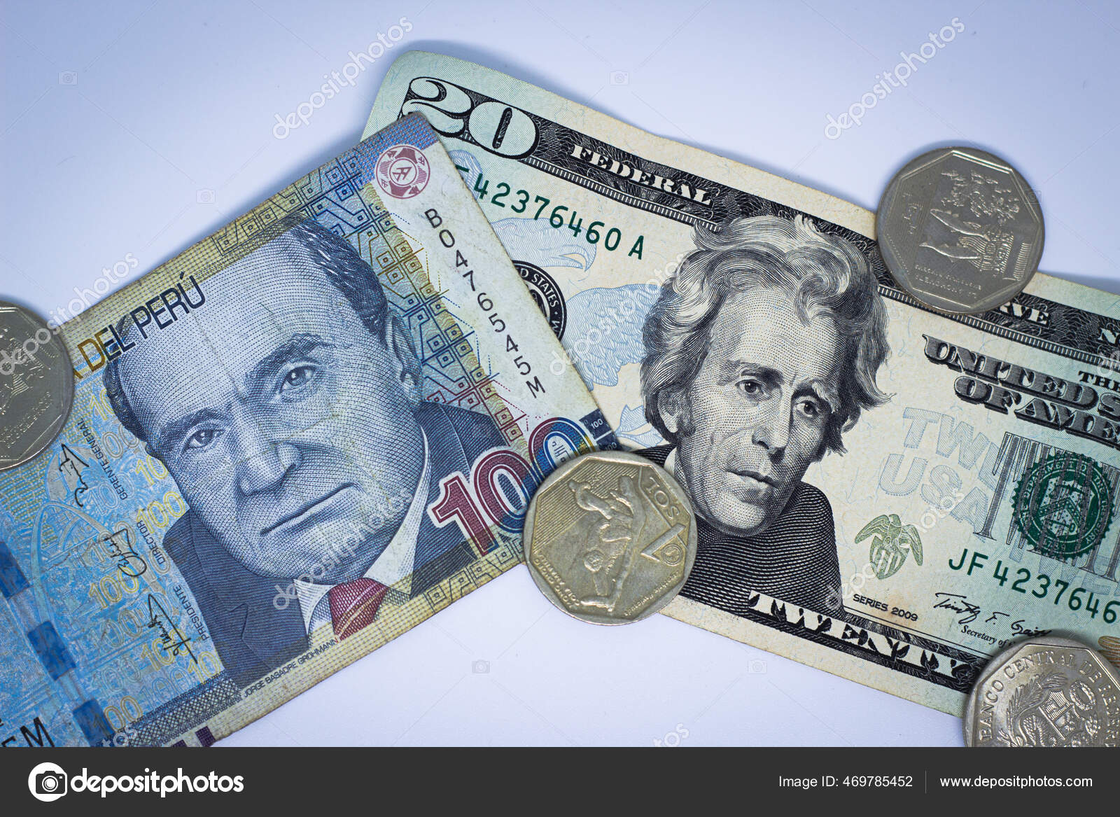 Overhead Shot Peruvian Sol Dollar Bills Coins White Background Stock ...