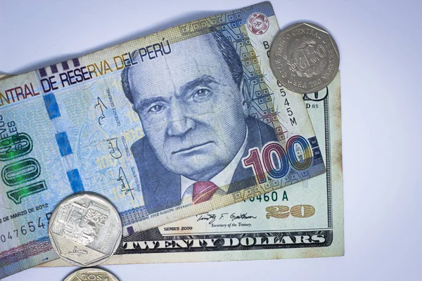 Overhead Shot Peruvian Sol Dollar Bills Coins White Background Stock ...