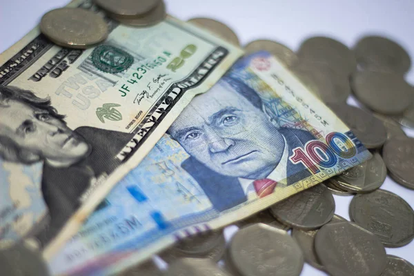 Overhead Shot Peruvian Sol Dollar Bills Coins White Background Stock ...