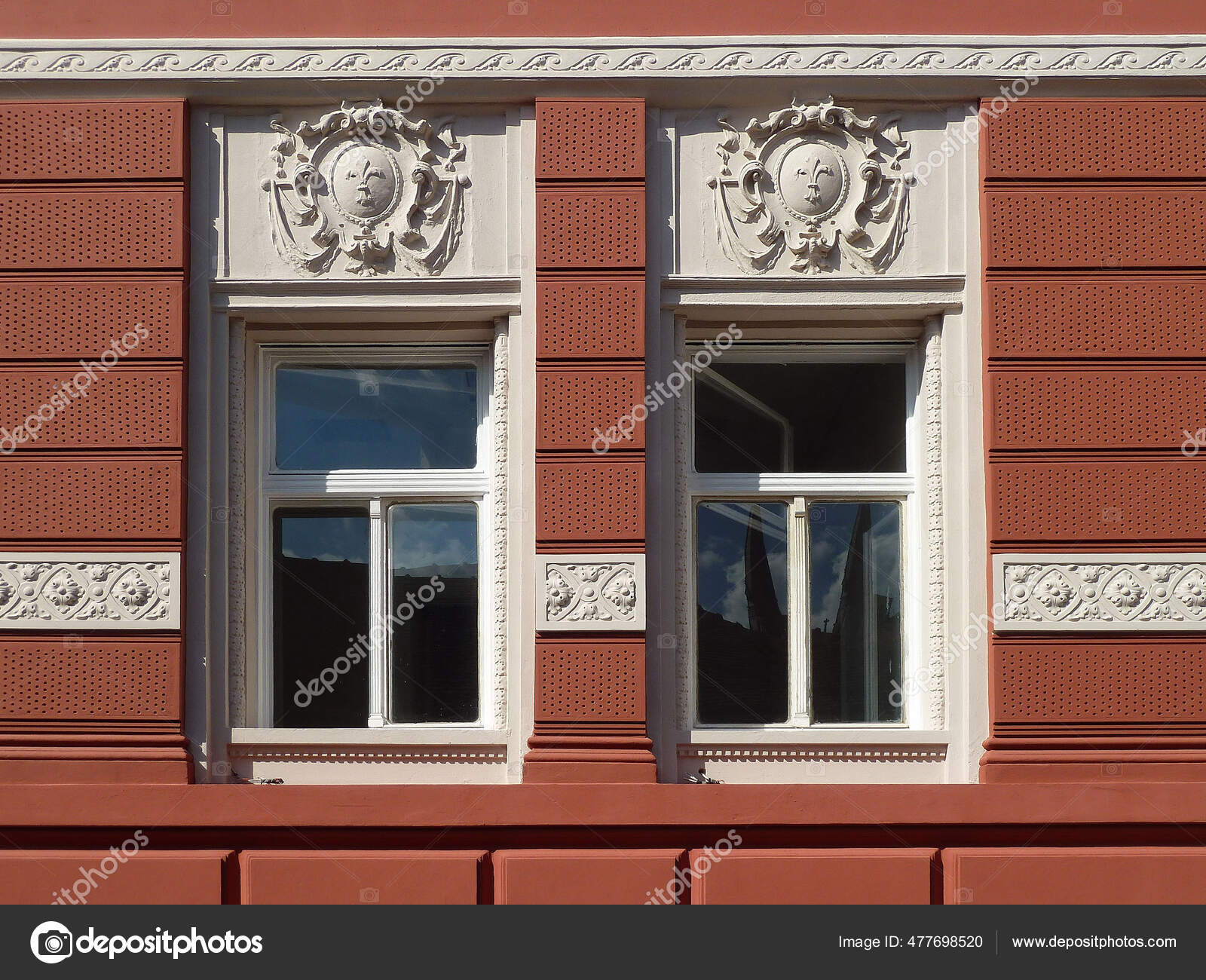 Decorative Two Glass Windows Ornaments Red Bri Wall — Stock Photo ...