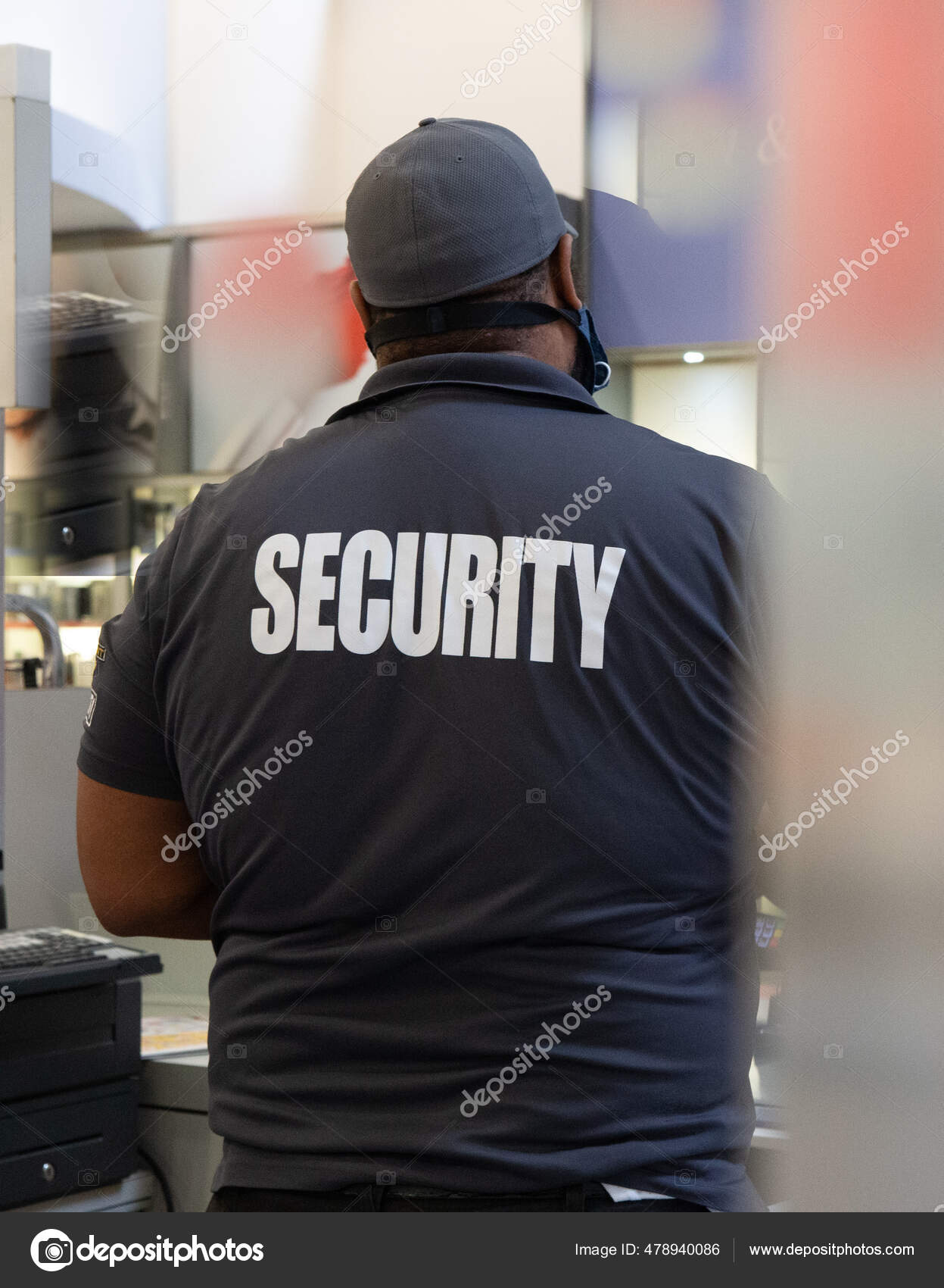 Rear View Security Guard Uniform Patrolling Commercial Building Stock ...