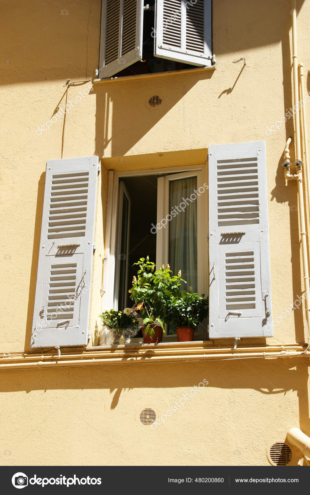 Low Angle Shot Apartment Building Exterior Open Window Wooden Blinds ...