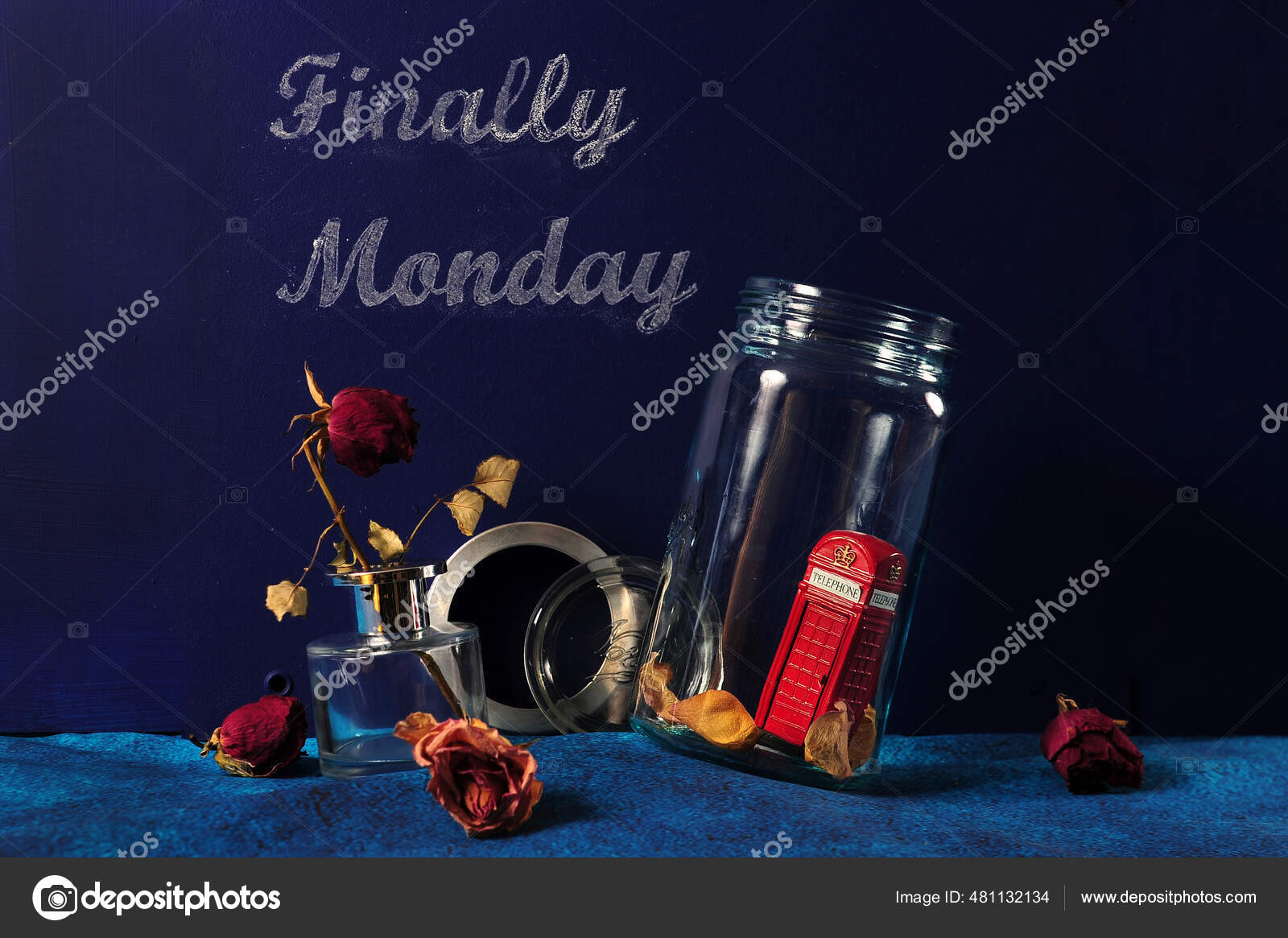 Setting Miniature British Phone Booth Dark Blue Background Finally ...