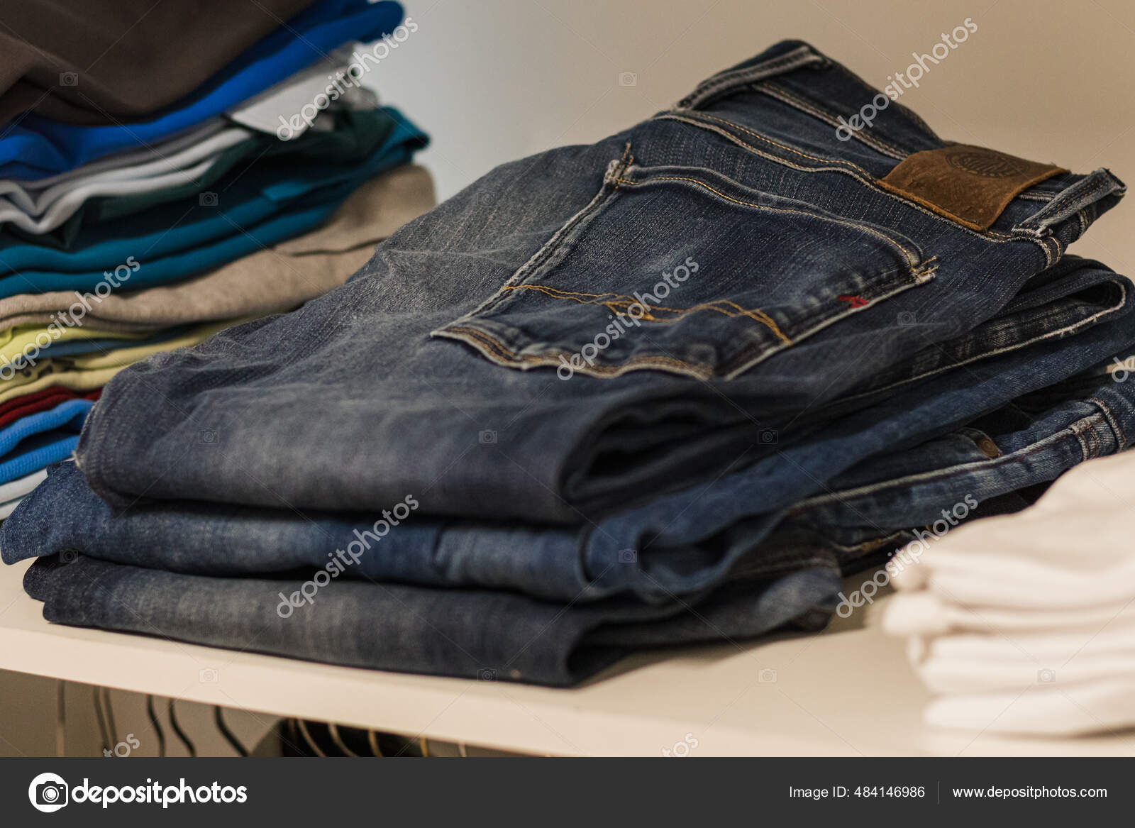 Stack Jeans Pants Shelf Closet Left Right Other Clothes — Stock Photo ...