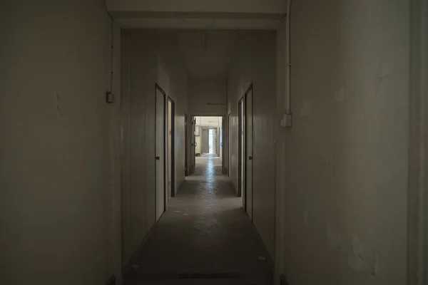 A closeup shot of an office corridor with closed doors to rooms and ...