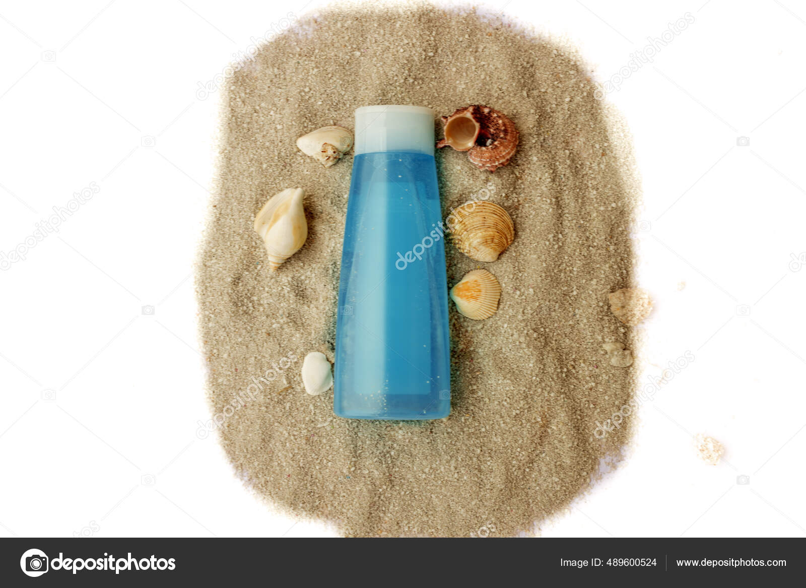 Overhead Shot Water Bottle Seashells Golden Beach Sand Stock Photo by ...
