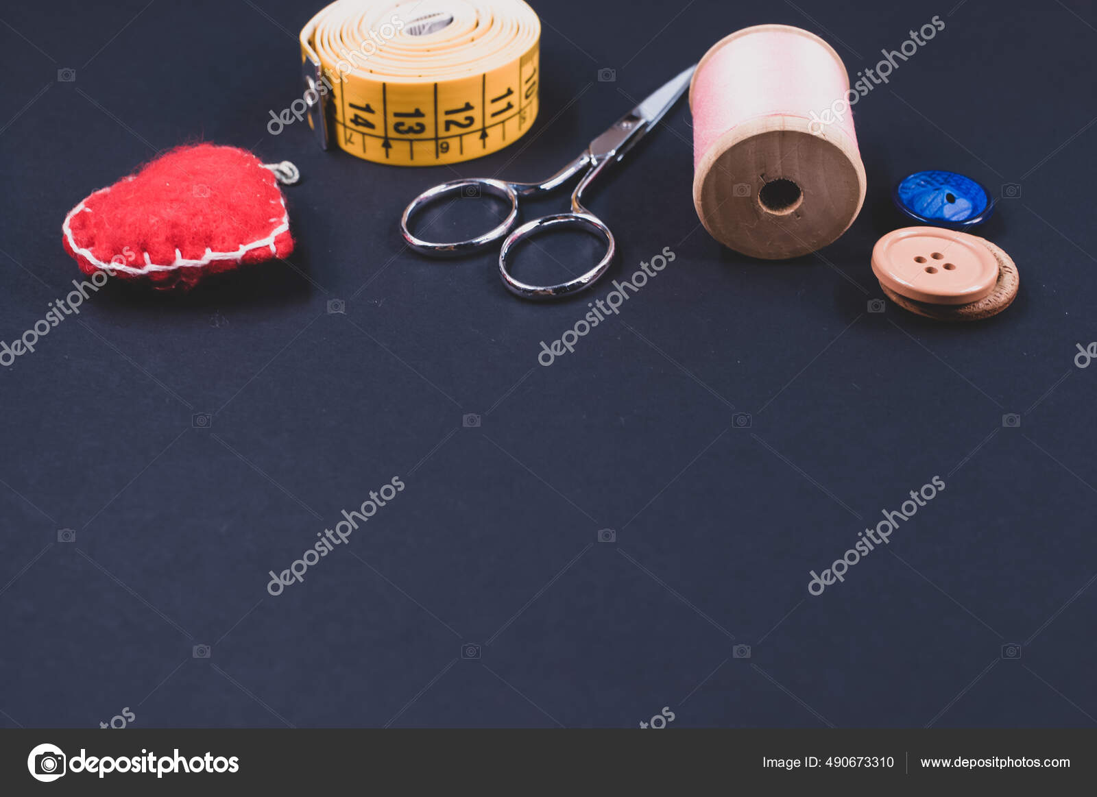 Flat Lay Scissors Measuring Tape Buttons Cushion Thread Dark Background ...