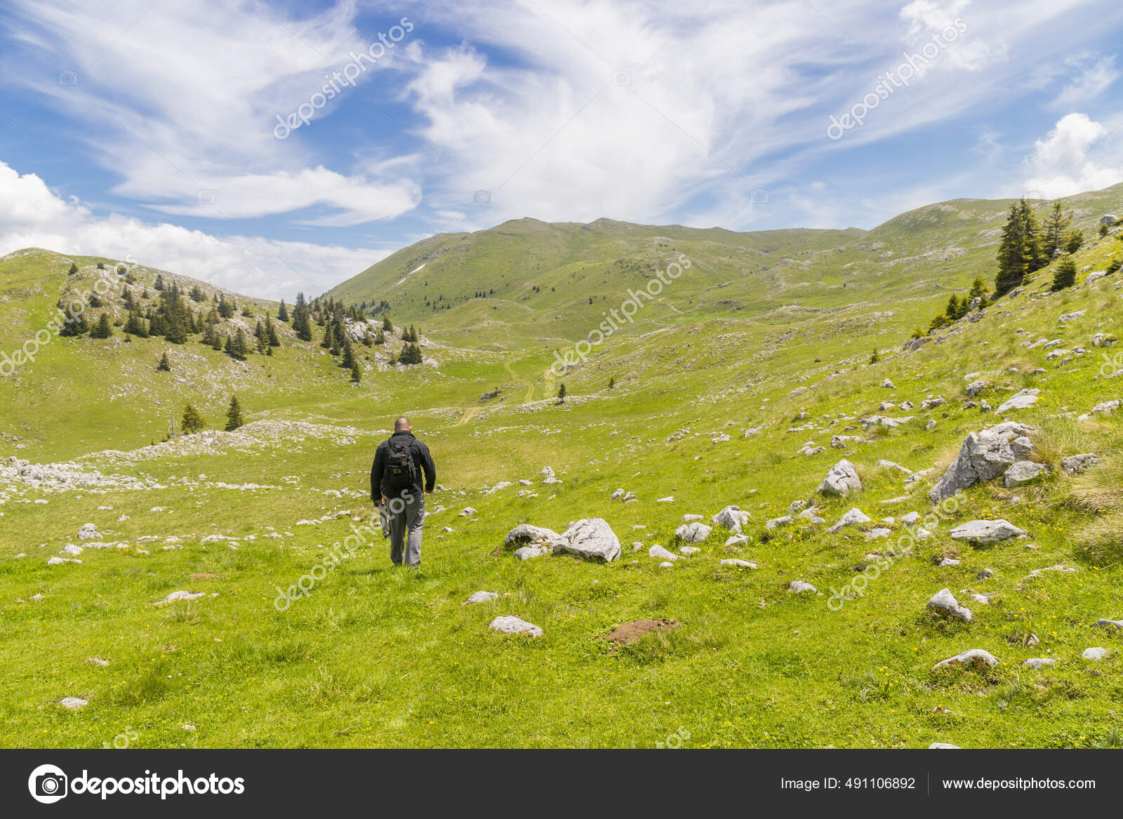 Back View Young Hiker Backpack Hiking Trail Mountain Stock Photo by ...