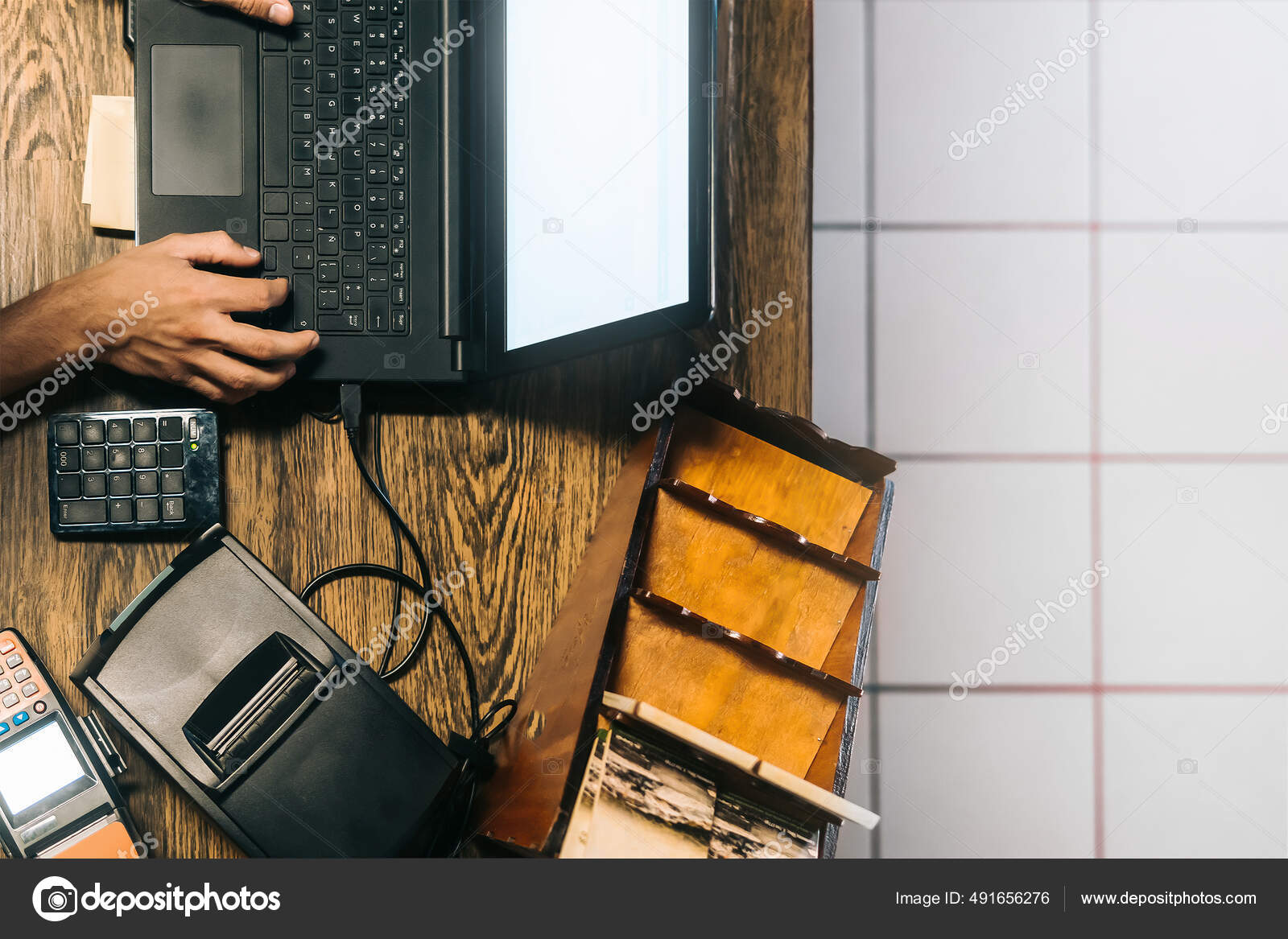 Top View Counter Store Cafeteria Laptop Billing Machine Other Things ...