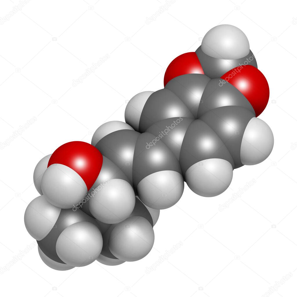 Molécula de fármaco para epilepsia con estiripentol. Representación 3D ...