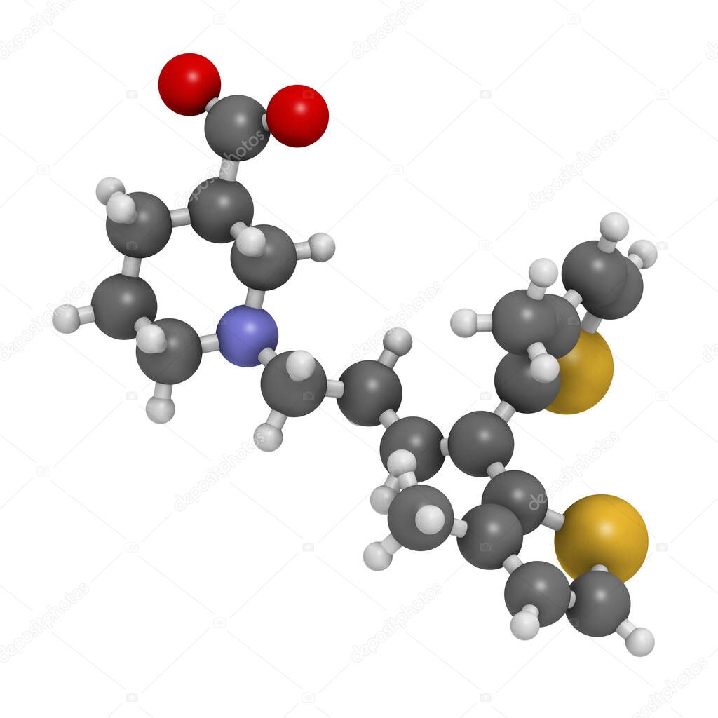 Molécula de la droga de la epilepsia de Tiagabine. Representación 3D ...