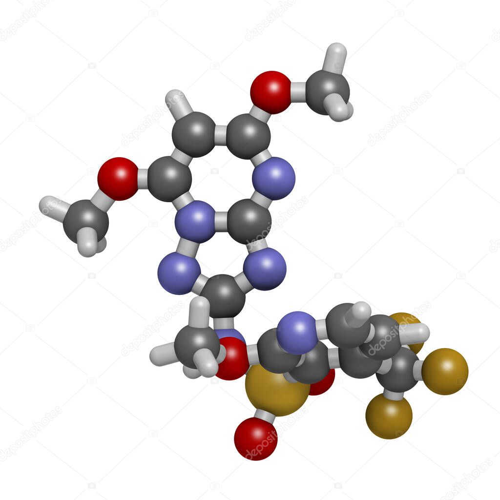 Piroxsulam herbicida molécula. Representación 3D. Los átomos se ...