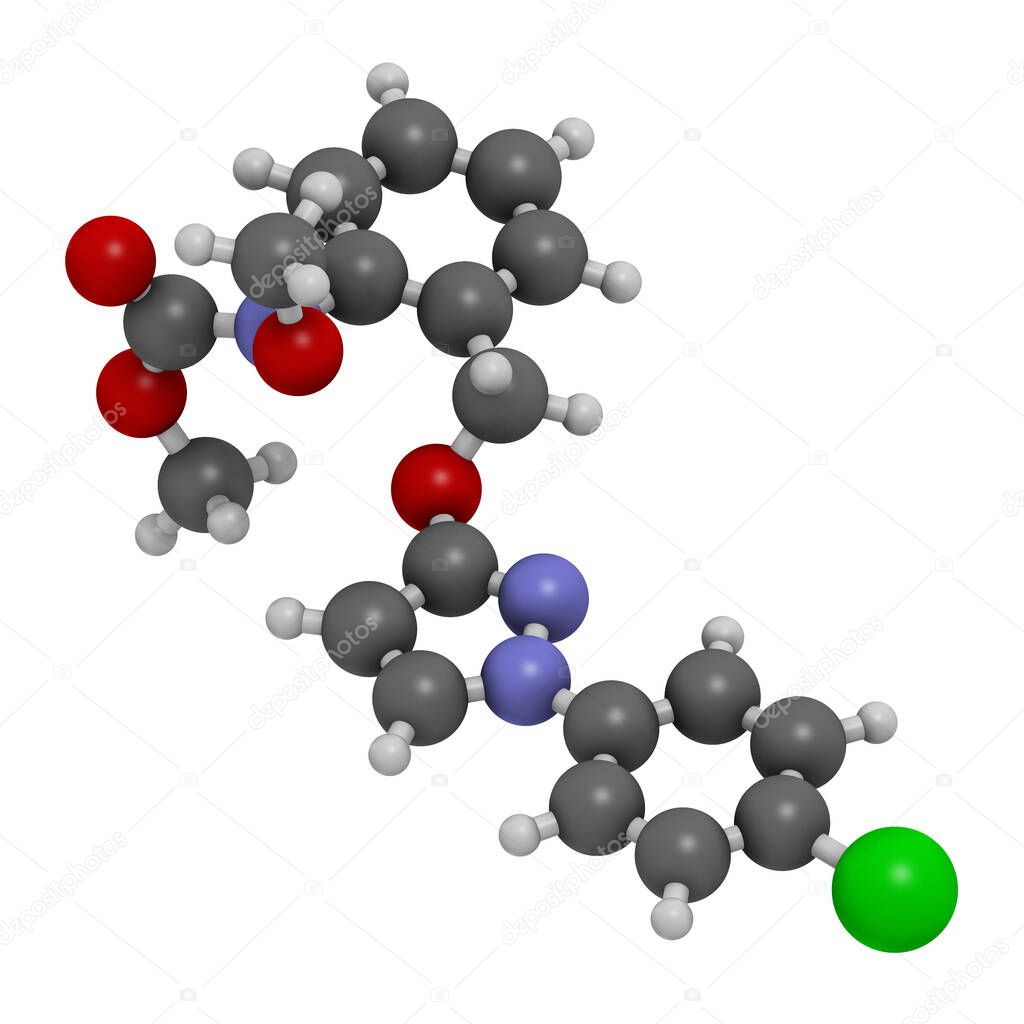 Molécula fungicida de piraclostrobina. Representación 3D. Los átomos se ...