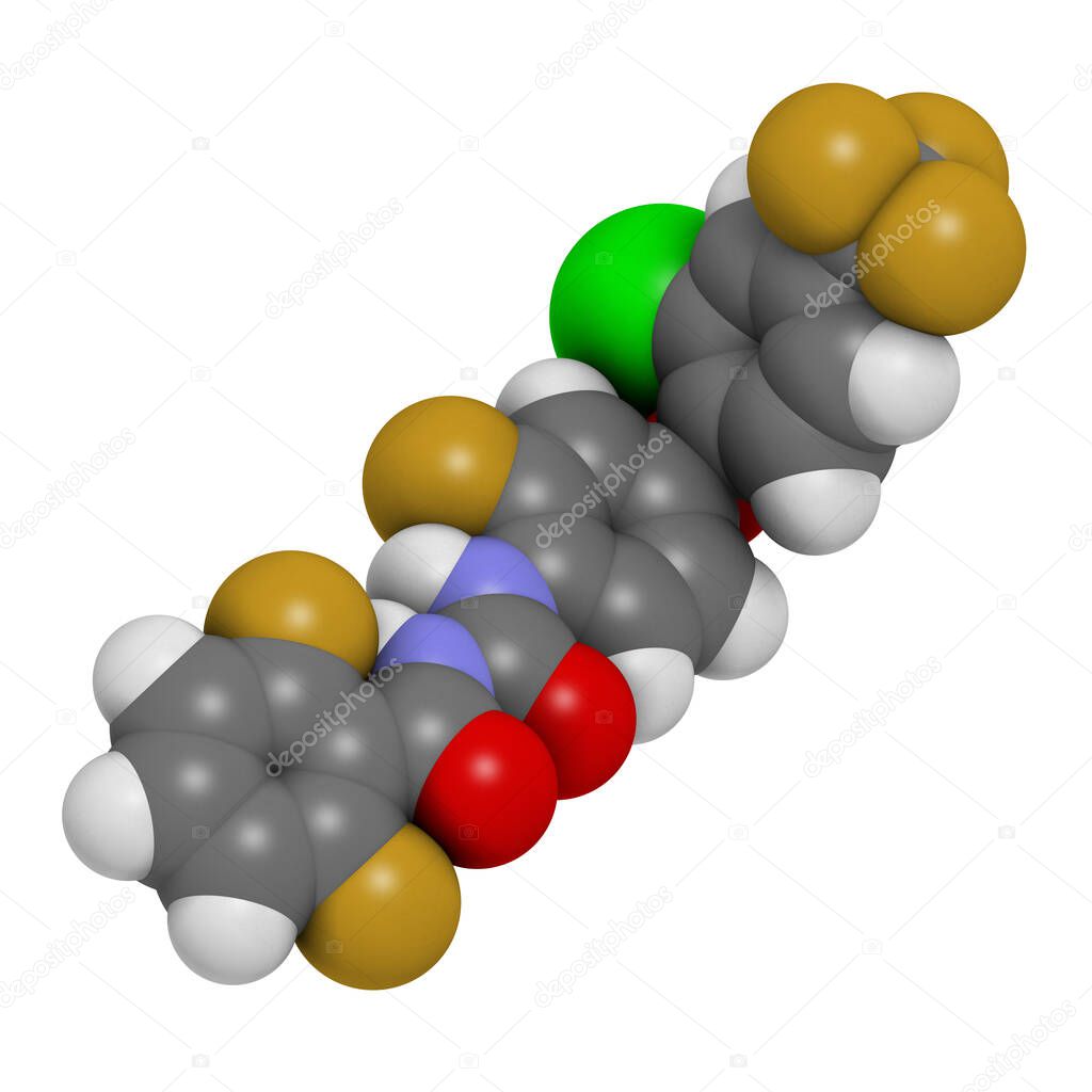 Molécula insecticida de flufenoxurón. Representación 3D. Los átomos se ...