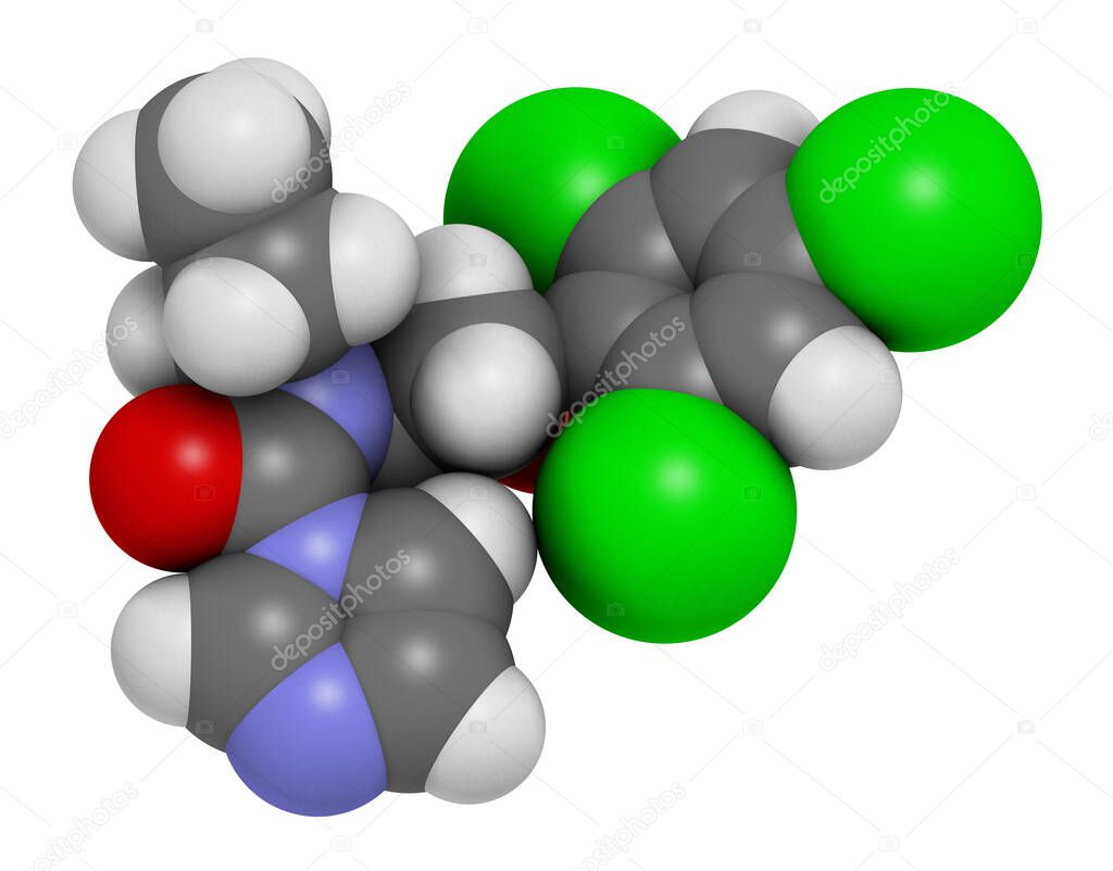 Molécula de fungicida procloraz. Representación 3D. Los átomos se ...