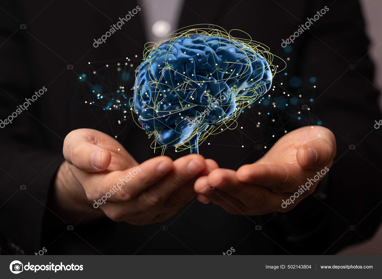 Rendered Abstract Sci Brain Hovering Man's Palms Artificial Intelligence — Stock Photo ...