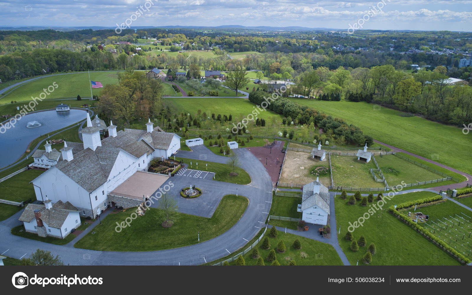 Aerial View Restored Barn Buildings Beautiful Landscape Field Spring ...