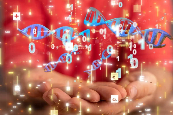 Illustration Abstract Transparent Dna Structures Man's Hand Tapping Background Science — Stock ...