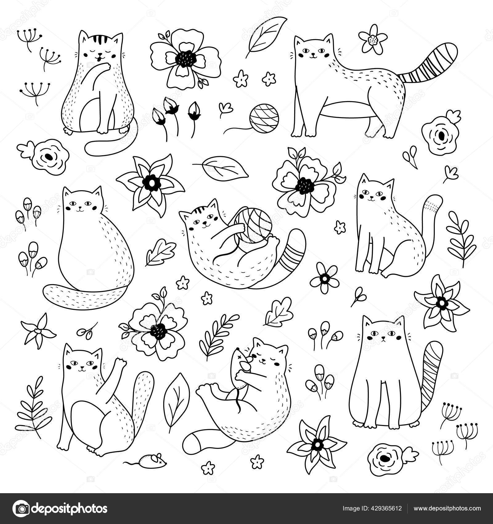 Vector set van doodle katten en bloemen. Zwart-wit illustratie ...