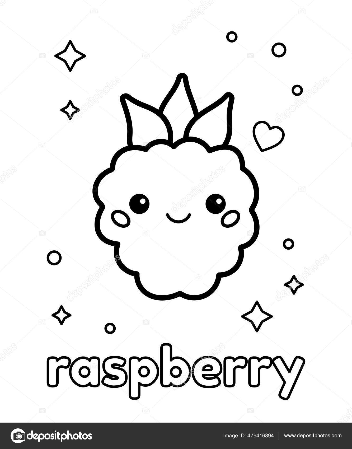 Cute Cartoon Kawaii Raspberry Face Coloring Page Learn Healthy Food ...