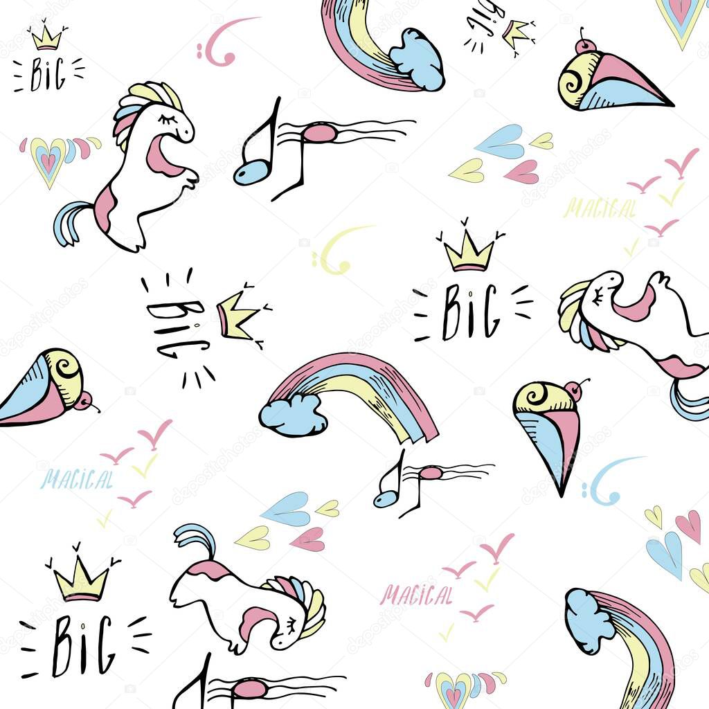 Patrones mágicos sin costuras de caballos, coronas, inscripciones ...