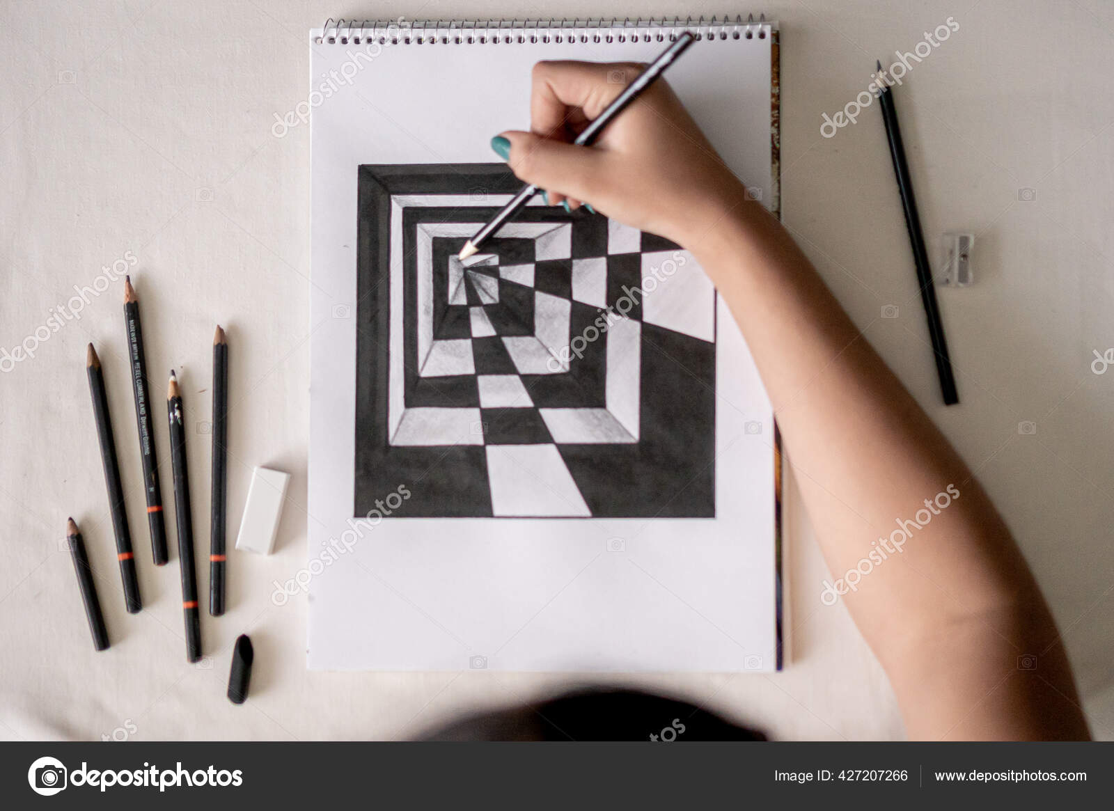 Hand Making Perspective Drawing Black White Figures Taking Black Pencil ...