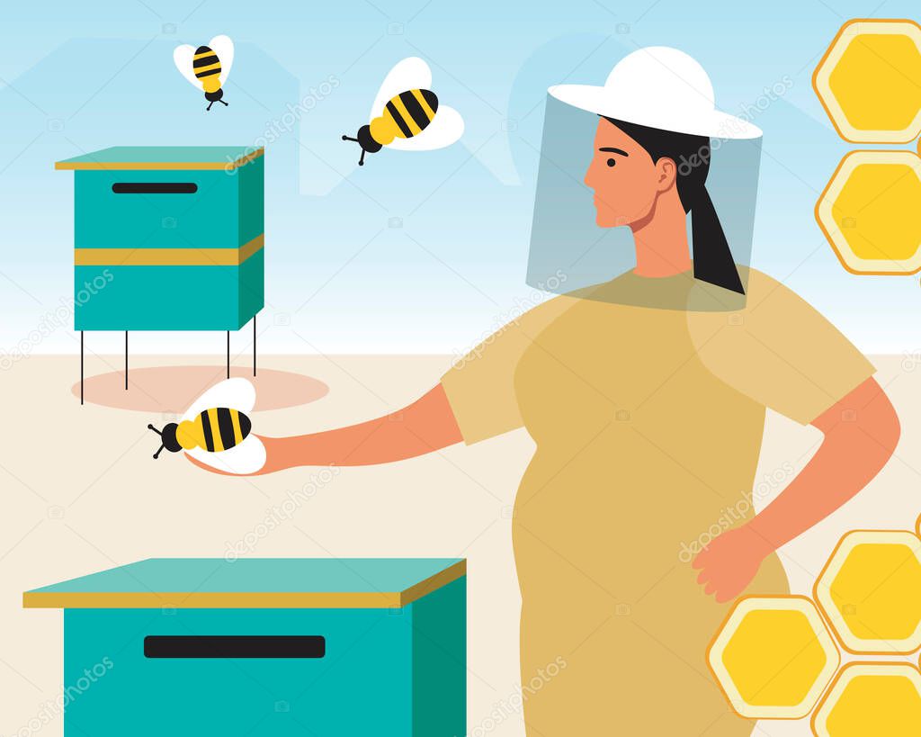Cuidado de abejas, colmenar ecológico. Ilustración de vector plano ...