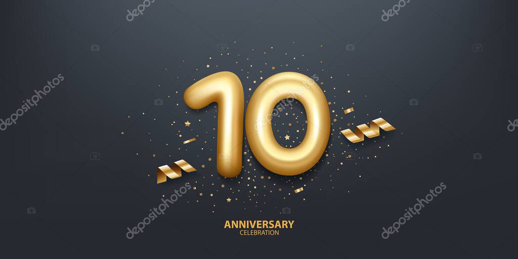 Fondo de celebraci n del d cimo aniversario. Globo 3D n meros dorados con confeti sobre fondo ...