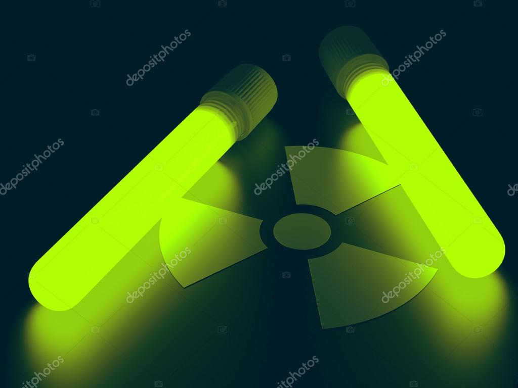 Test tubes with radioactive product illuminating radiation signal ...