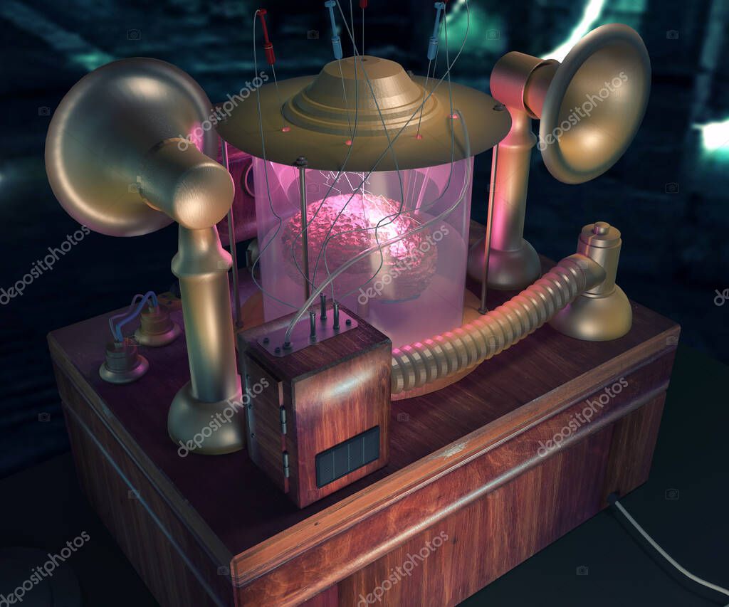 Retro fantástica máquina de recuperación de memoria del cerebro sobre ...