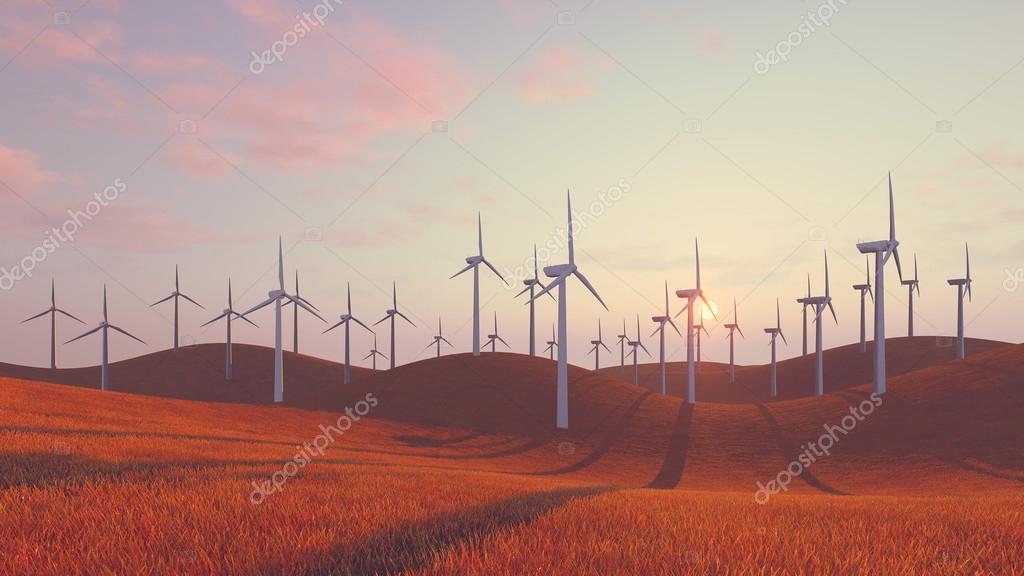 Wind turbines on red hills at sunset Stock Photo by ©Marsea 103843210