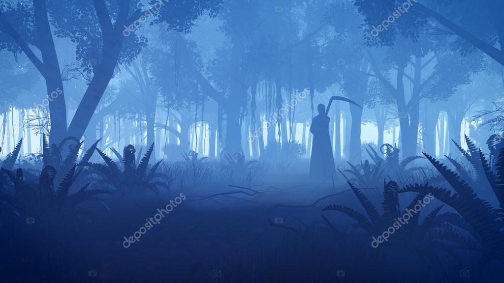 Creepy night forest with grim reaper silhouette — Stock Photo © Marsea ...