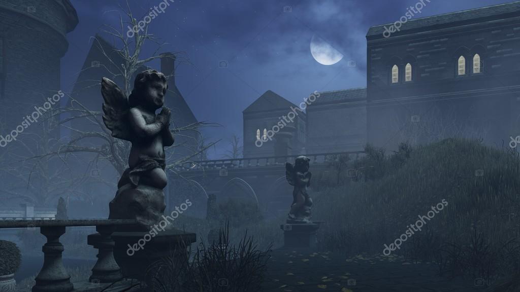 Cupid's sculpture in the abandoned autumn park at night Stock Photo by ...