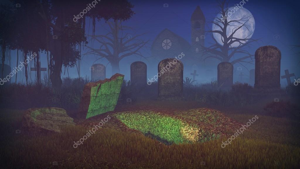 Dug grave at scary night cemetery Stock Photo by ©Marsea 87294896