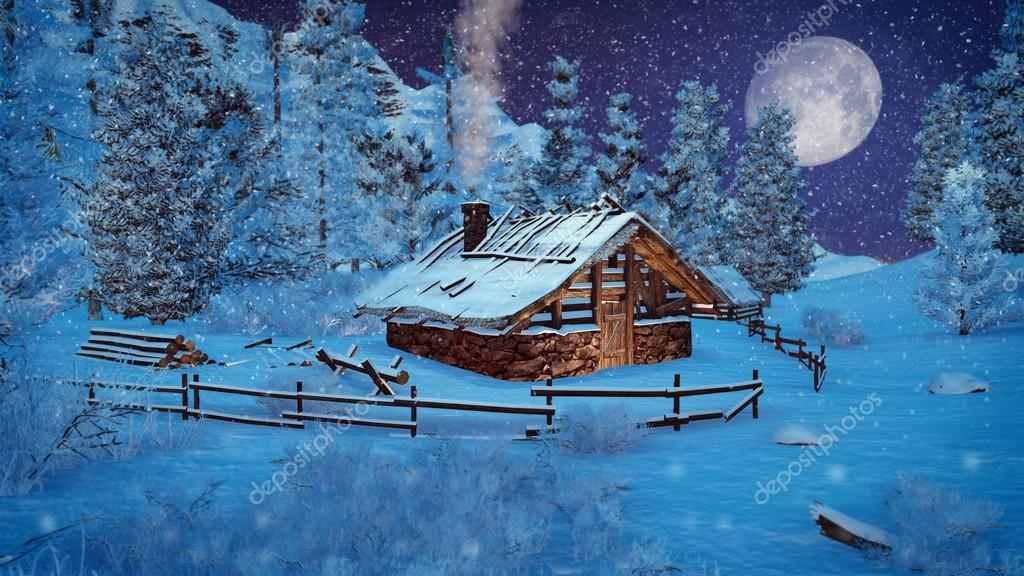 Little cabin in a mountains at snowfall night — Stock Photo © Marsea ...