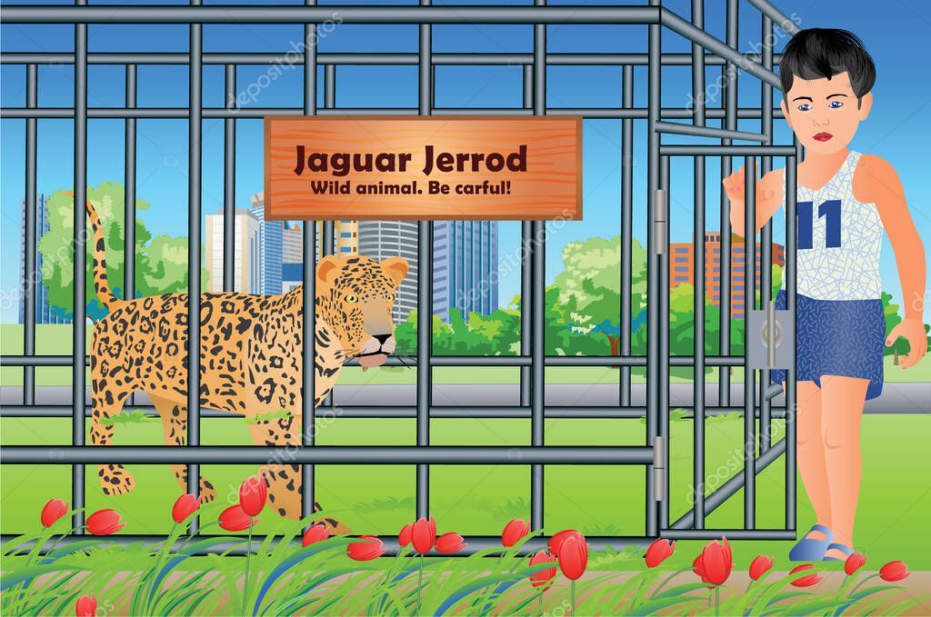 Un le n en la jaula del zool gico. Una inscripci n de advertencia: Animal salvaje, ten cuidado ...
