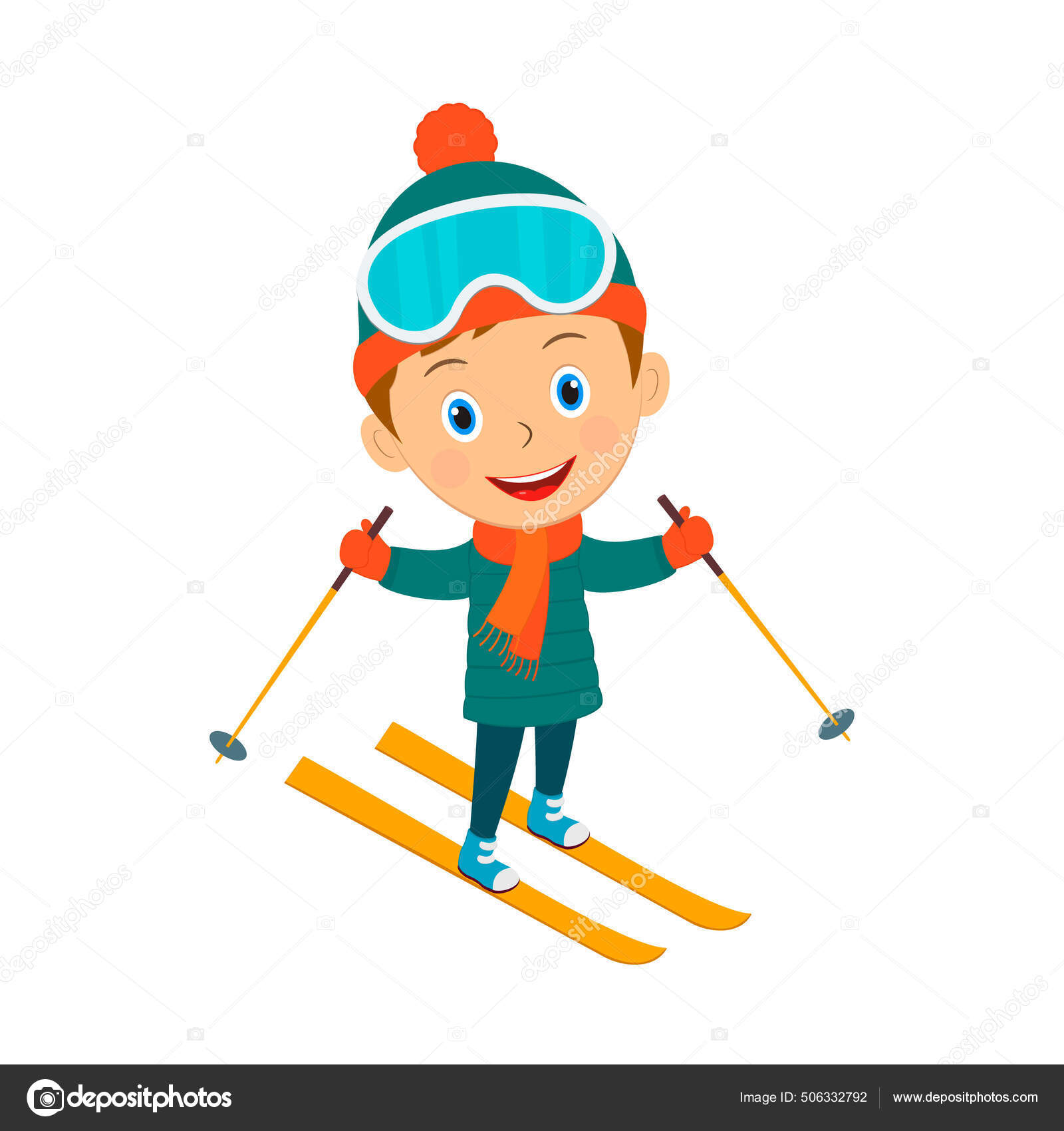 Lindo Niño Dibujos Animados Esquiar Ilustración Vector Vector de stock ...