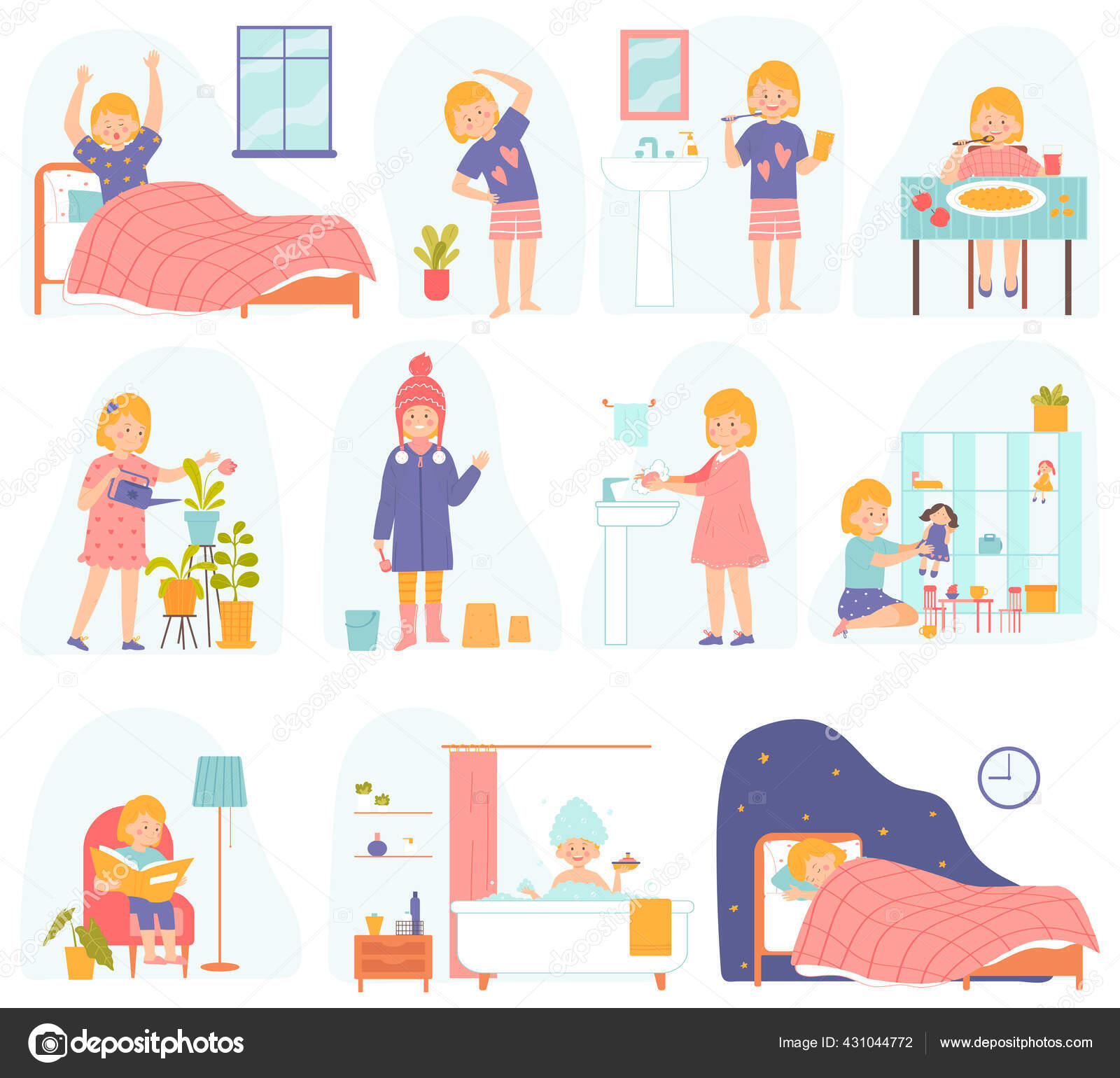 Daily Routine Kids Cute Girl Vector Illustration Cartoon Style ...