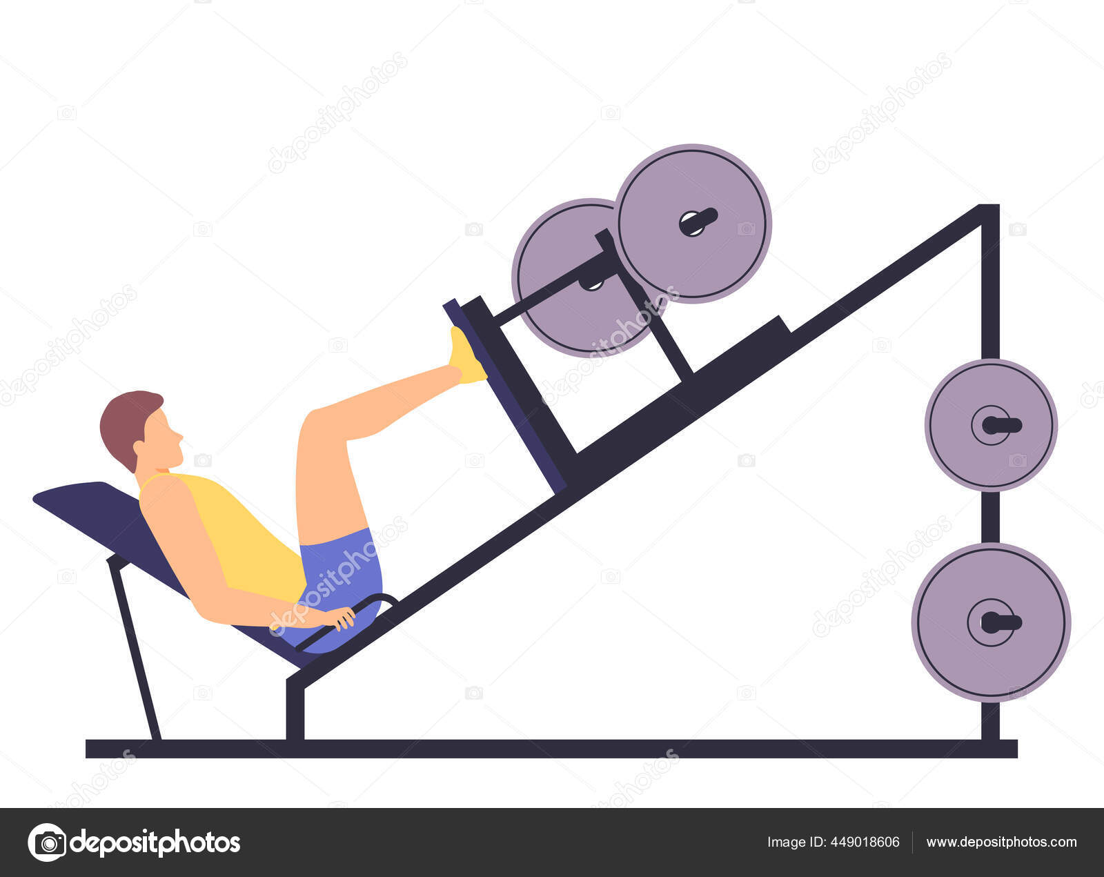 Young man doing leg press. Exercises on a sports simulator. Healthy ...