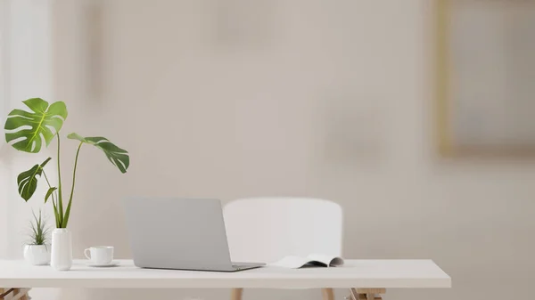 3D rendering, study table with laptop, book, supplies and plant vase in ...